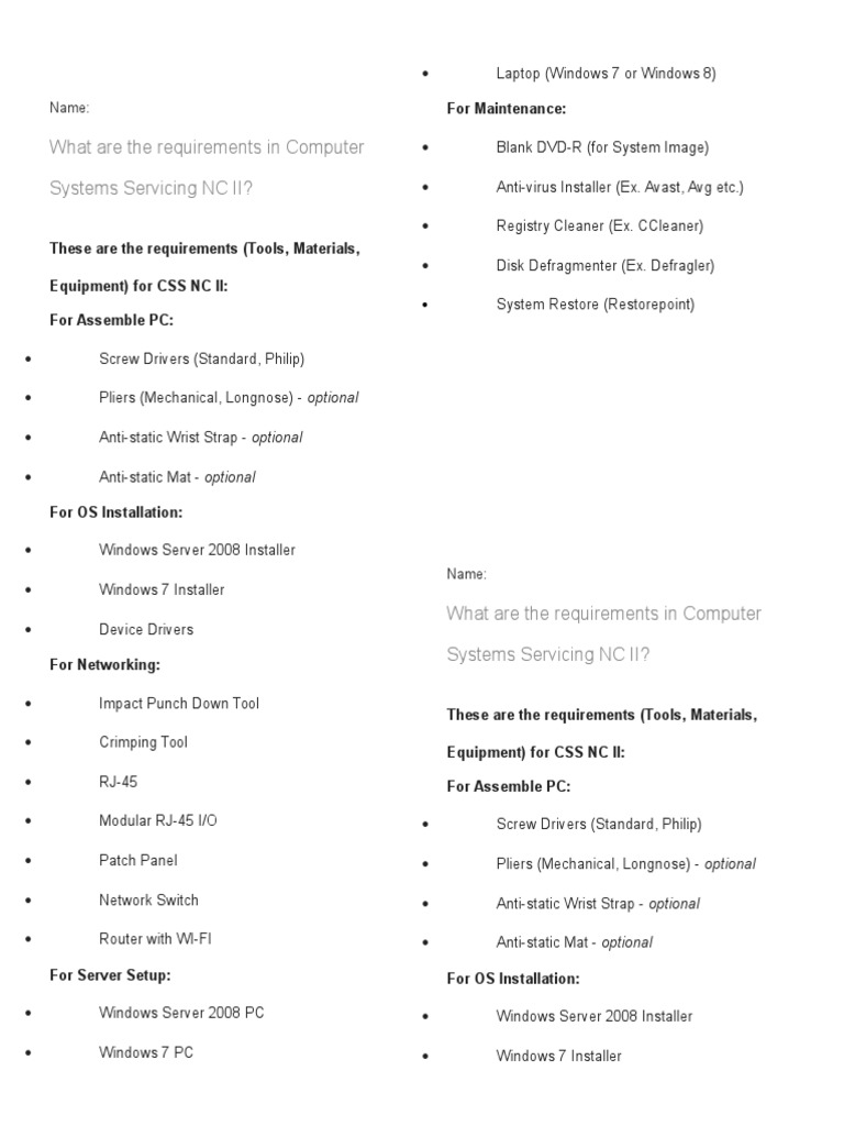 Tools, Materials, and Equipment Required for Computer Systems Servicing ...