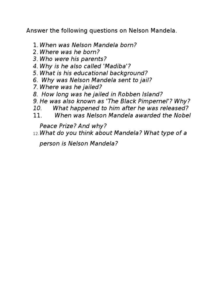 Answer The Following Questions On Nelson Mandela | PDF | Nelson Mandela ...