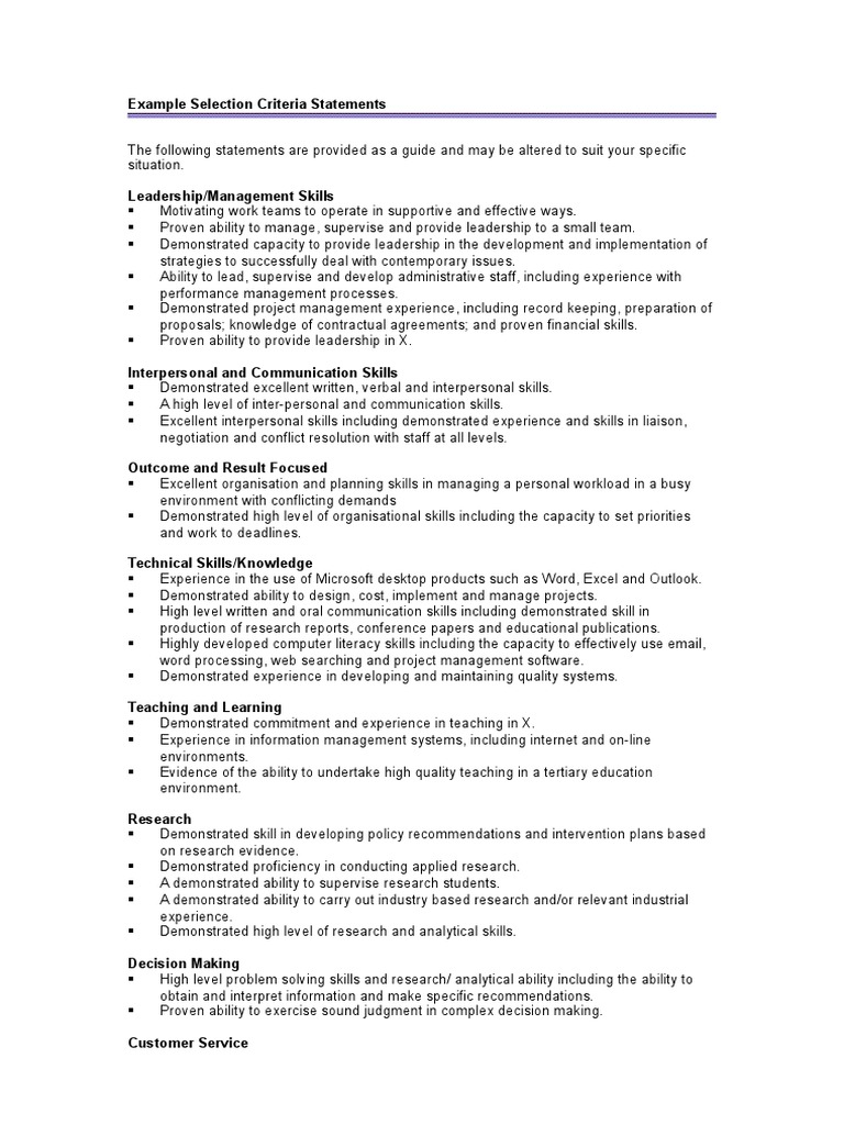 Example Selection Criteria | PDF | Leadership | Skill