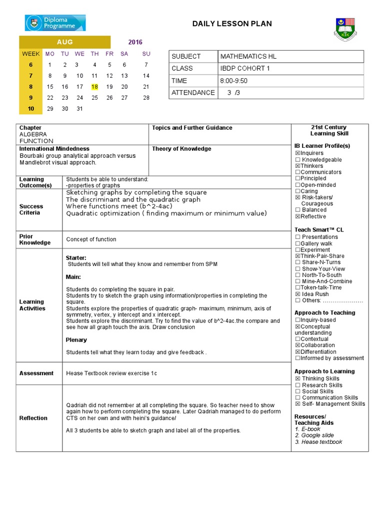 Lesson Plan Math HL Function 5 | PDF | Teaching Methods & Materials