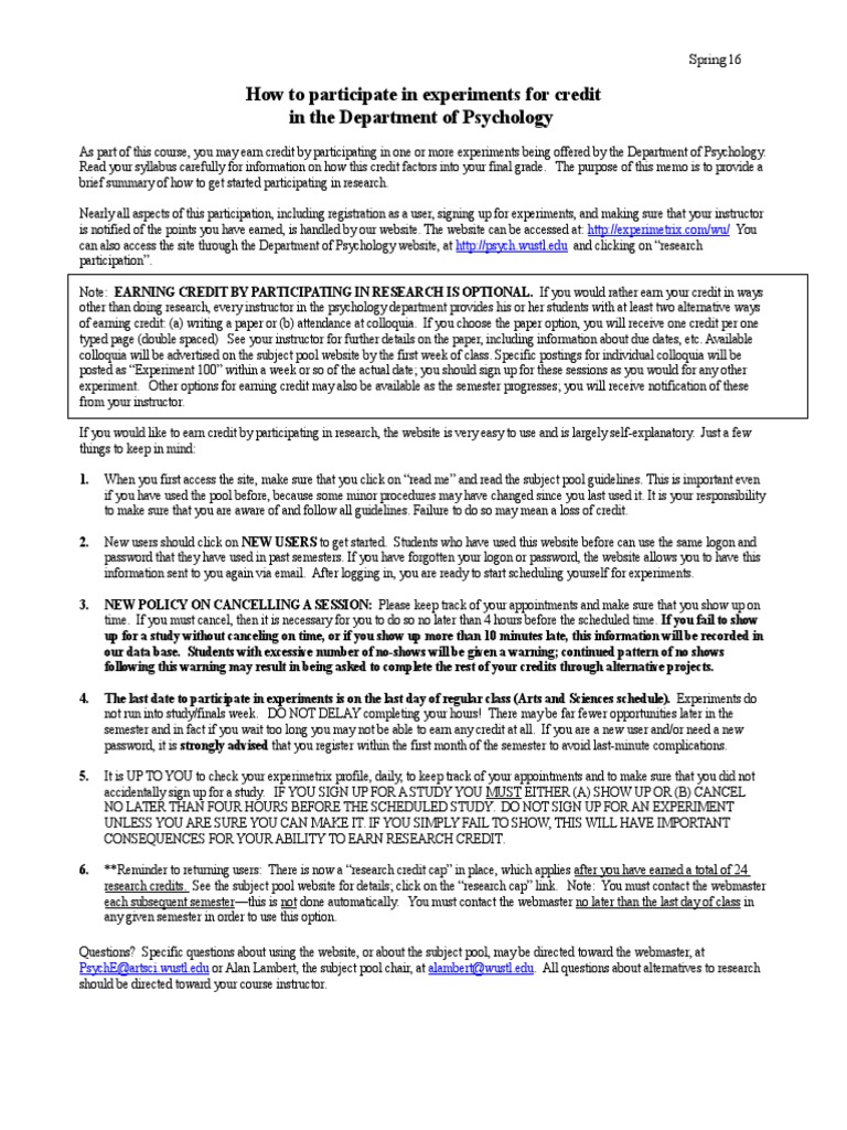 How To Participate in Experiments For Credit in The Department of ...