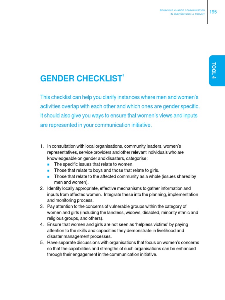 Gender Checklist: Behaviour Change Communication in Emergencies: A ...