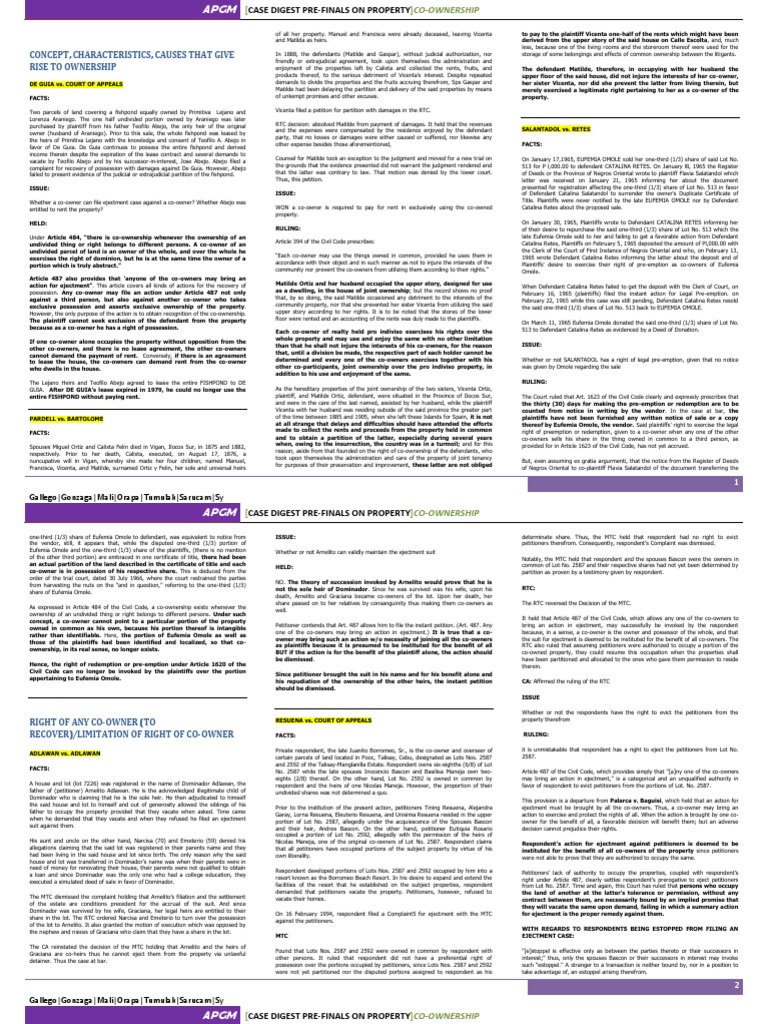 (PROPERTY) Co-Ownership Case Digest | PDF | Lease | Lawsuit