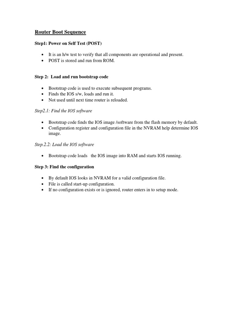 Router Boot Sequence: Step1: Power On Self Test (POST) | PDF