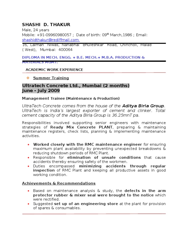 Shashi Dinanath Thakur Resume | PDF | Engineering