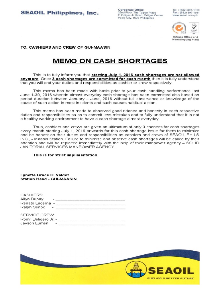 Cash Shortage Policy Memo for Cashiers | PDF | Finance & Money Management