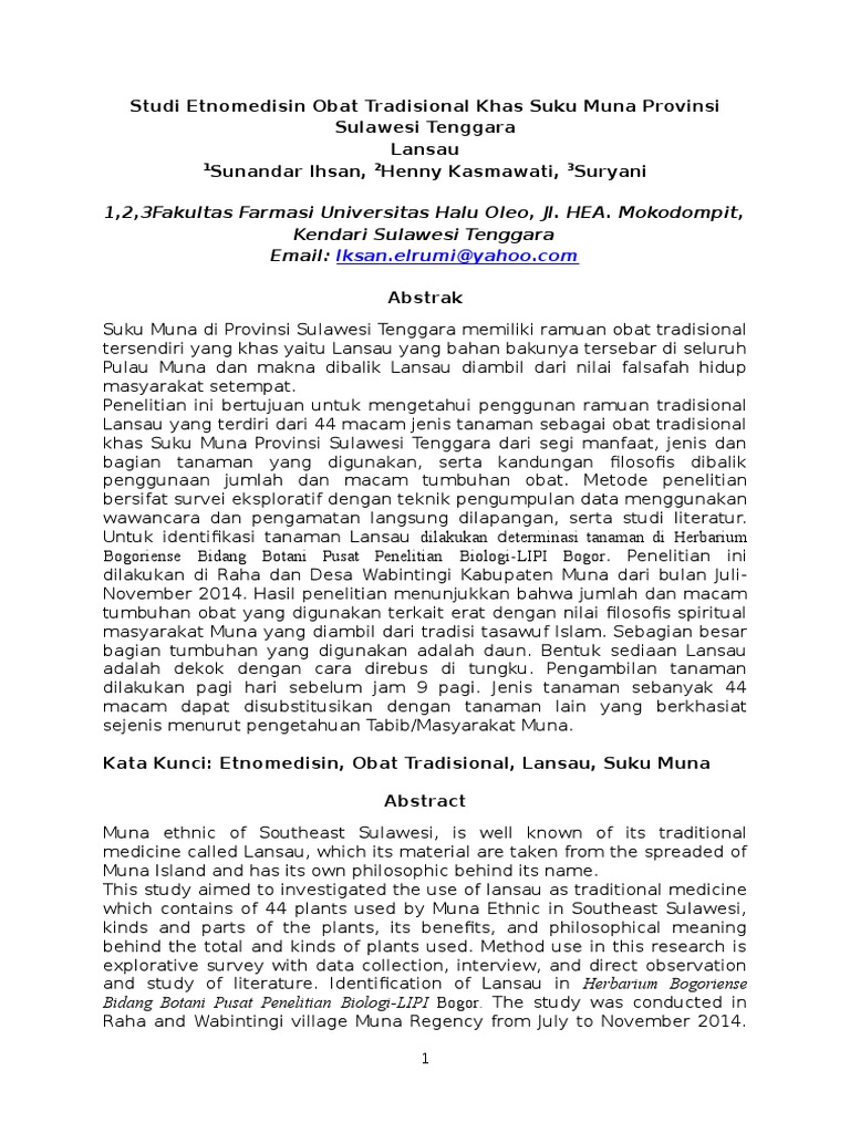 Studi Etnomedisin Lansau Sebagai Obat Tradisional Khas Suku Muna | PDF