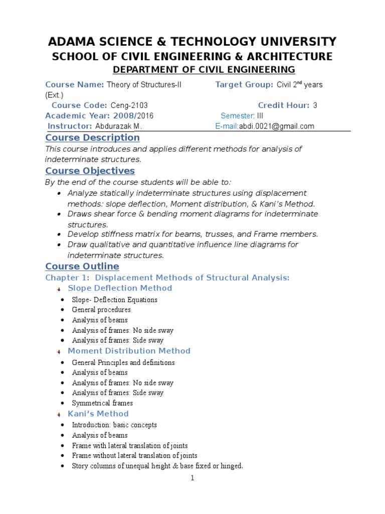 Theory of Structures-II (Course Outline) | PDF | Structural Analysis ...