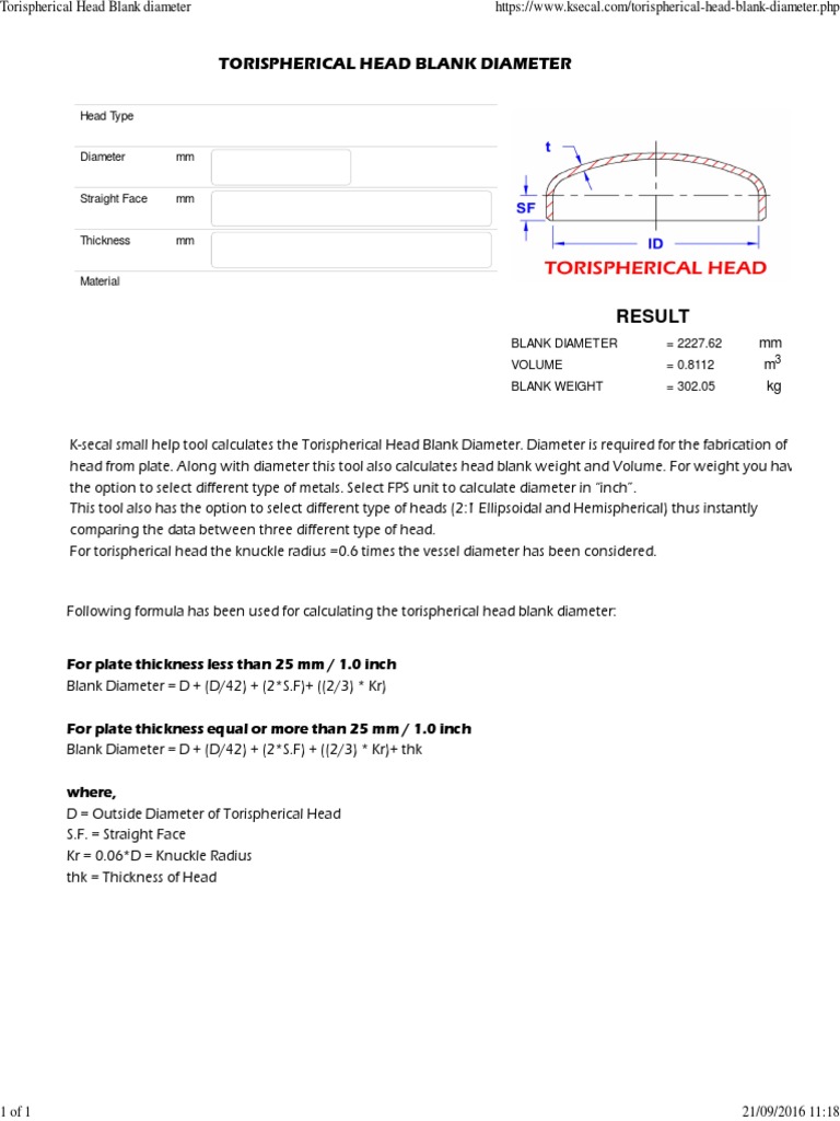 Torispherical Head Blank Diameter | PDF