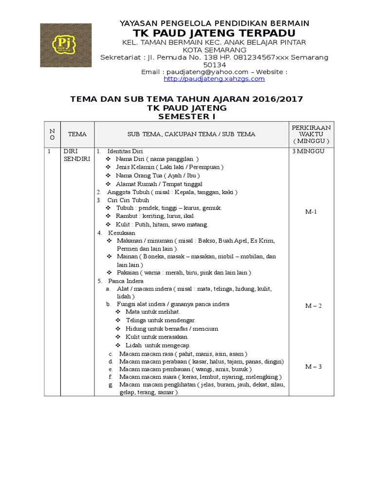 Tema Sub Tema Paud Semester 1 Ta 2016 2017 Komplit | PDF