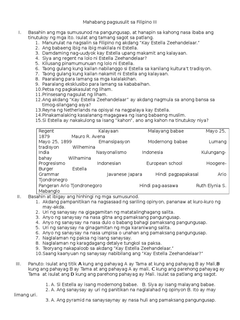 Mahabang Pagsusulit Sa Filipino III | PDF