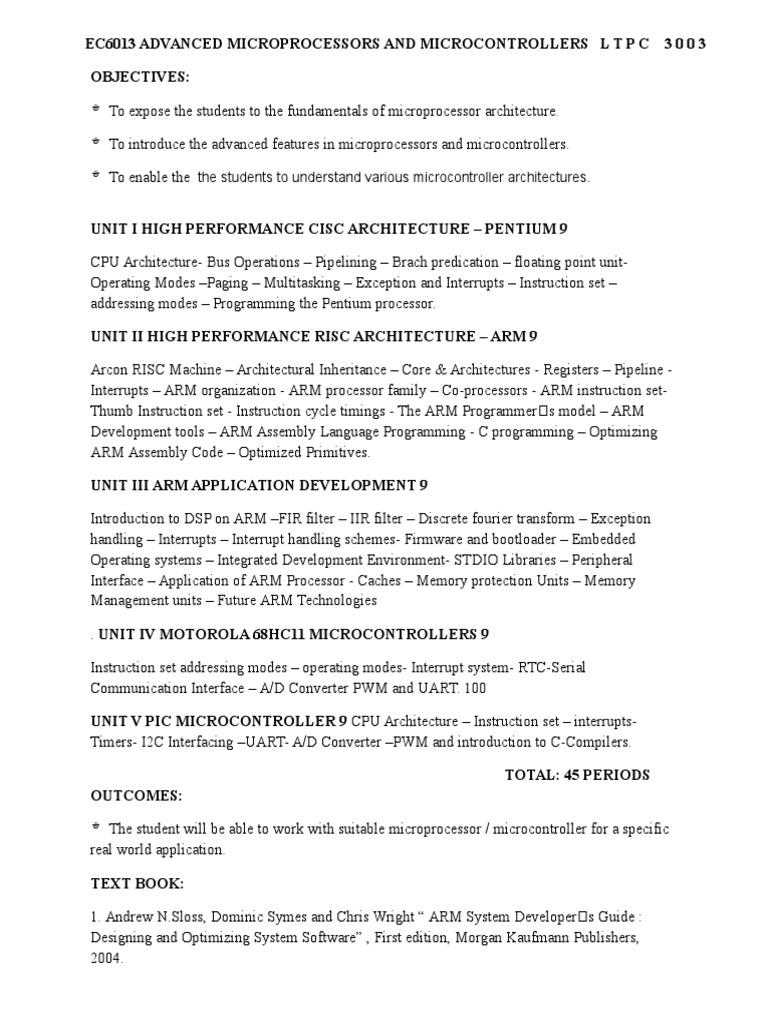 Ec6013 Advanced Microprocessors and Microcontrollers L T P C | PDF | Arm Architecture ...