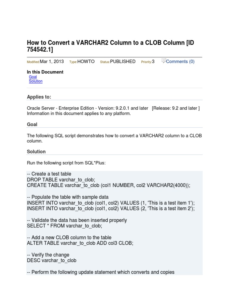 How To Convert A VARCHAR2 Column To A CLOB Column PDF | PDF | Table ...