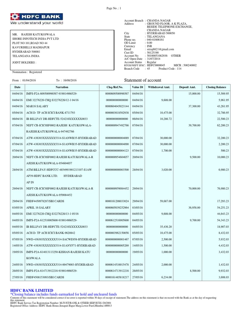 HDFC Statement PDF | Download Free PDF | Debits And Credits | Financial ...