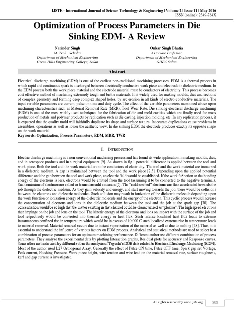 Optimization of Process Parameters in Die Sinking EDM - A REVIEW | PDF | Electron | Machining