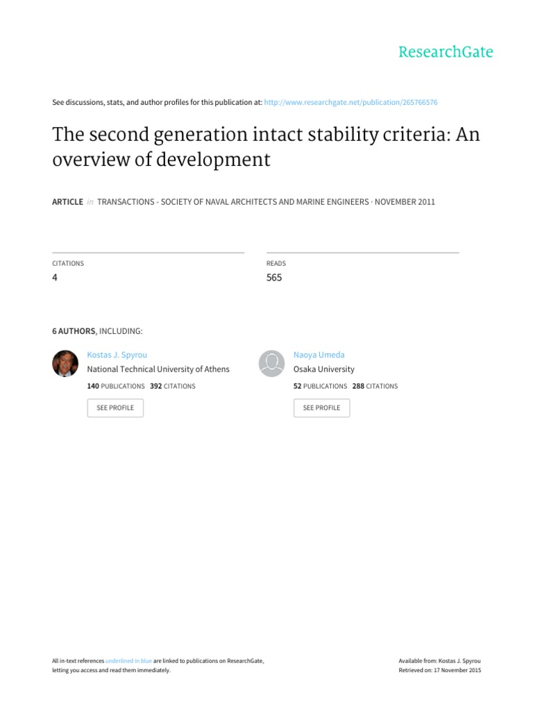 SNAME Transactions - 2nd Generation Intact Stability Criteria | PDF | Ships | Watercraft