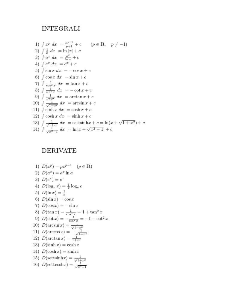 Tabella Derivate e Integrali PDF | PDF