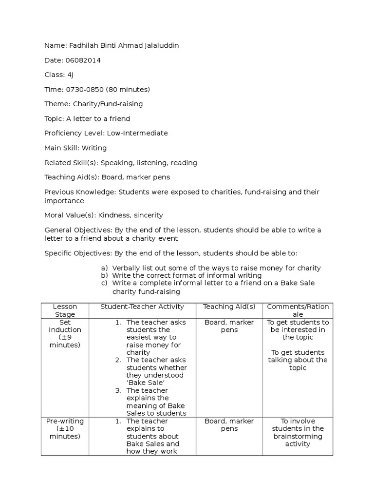 Sample Lesson Plan - Writing Charity Letter | PDF | Lesson Plan | Teachers