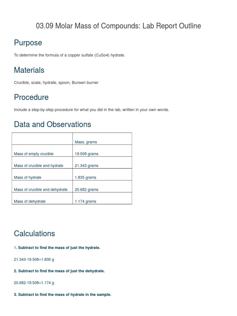 3.09 Molar Mass of Compounds Lab Report | PDF | Mole (Unit) | Chemistry