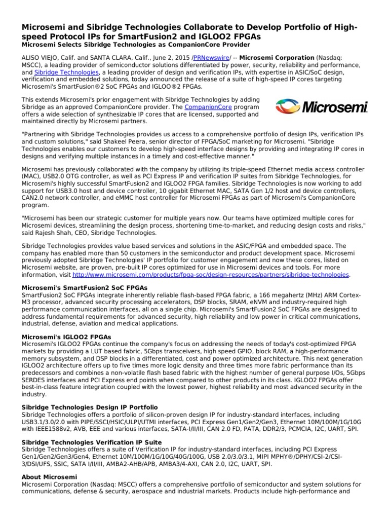 2015 06 02 Microsemi and Sibridge Technologies Collaborate To Develop Portfolio of High Speed ...
