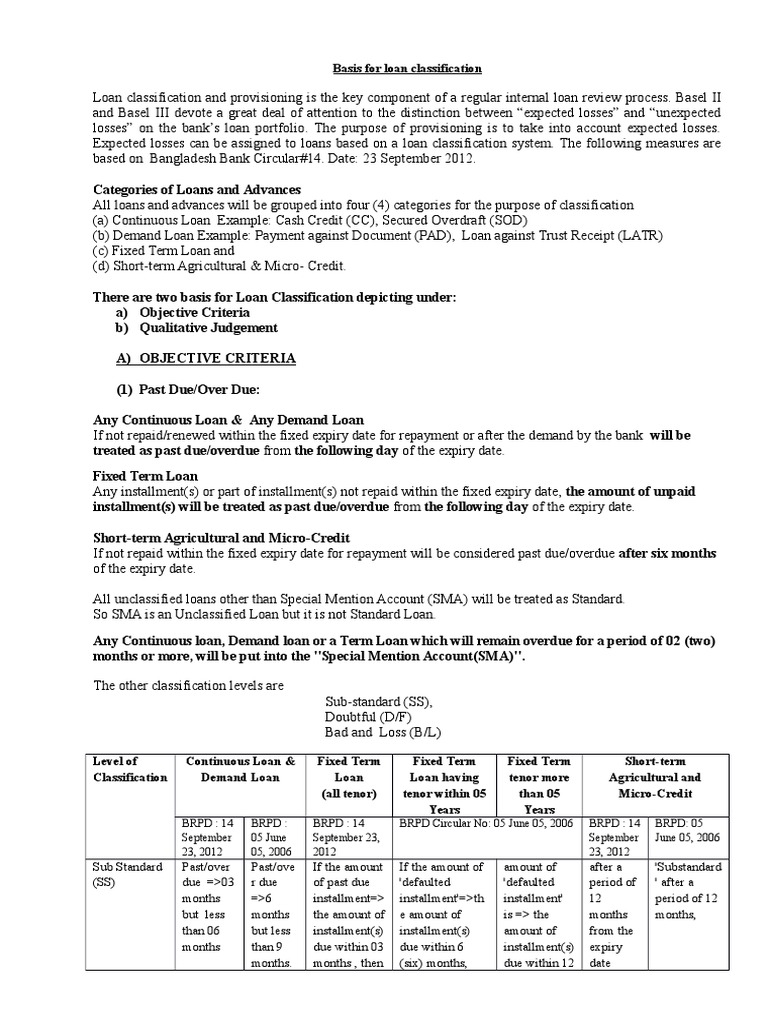 Basis For Loan Classification | PDF | Loans | Credit