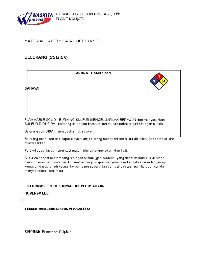 Material Safety Data Sheet Sulfur | PDF