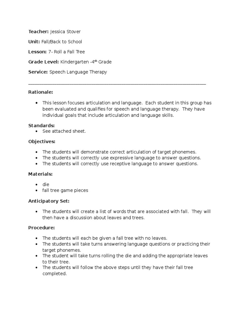 Teacher: Jessica Stover Unit: Fall/Back To School Lesson: 7-Roll A Fall ...