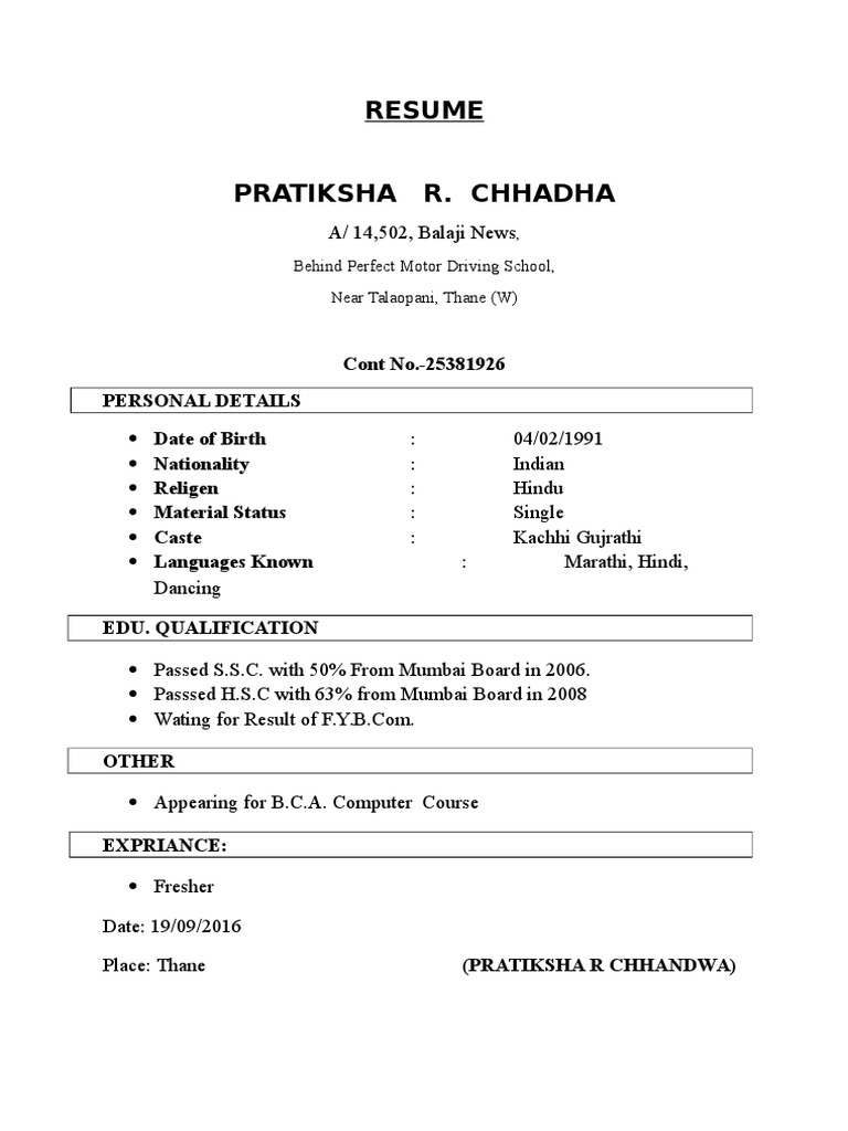 Resume: Cont No.-25381926 Personal Details Date of Birth Nationality ...