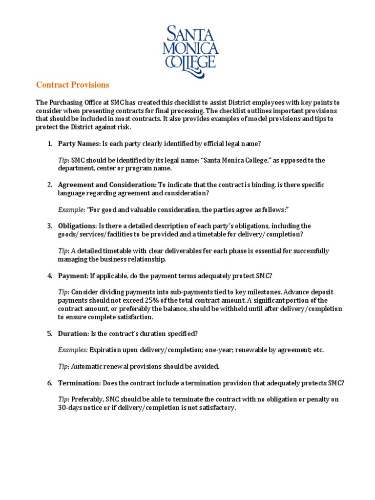 Contract Provisions Checklist | PDF | Indemnity | Surety Bond
