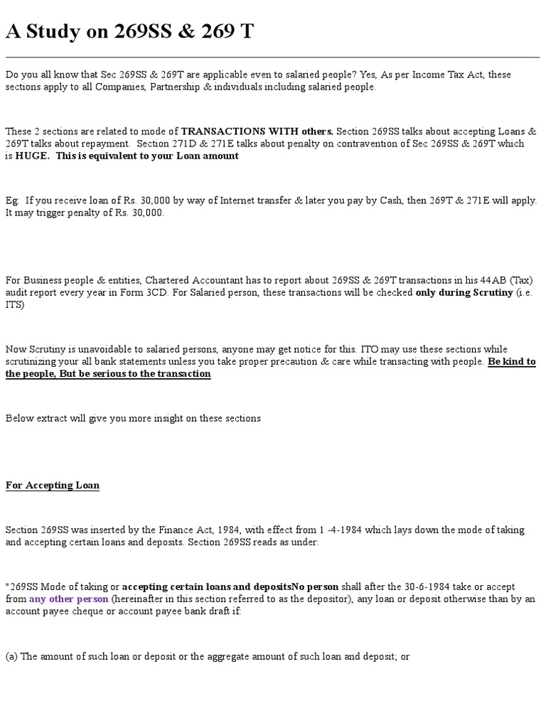 A Study On 269SS & 269 T | PDF | Cheque | Deposit Account