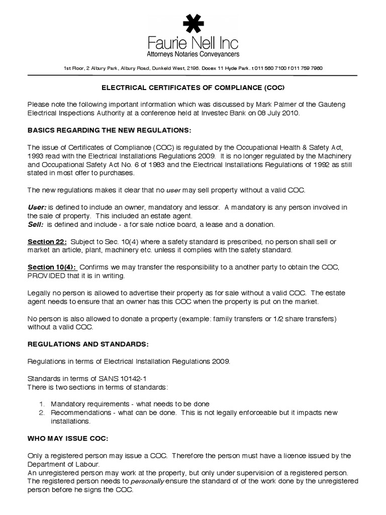 Electrical Certificate of Compliance | PDF | Regulatory Compliance | Safety