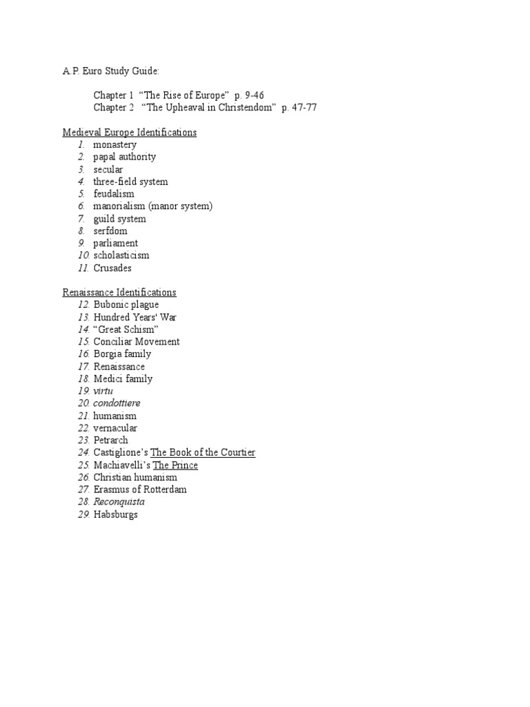 A.P. Euro Study Guide: Chapter 1 "The Rise of Europe" P. 9-46 Chapter 2 ...