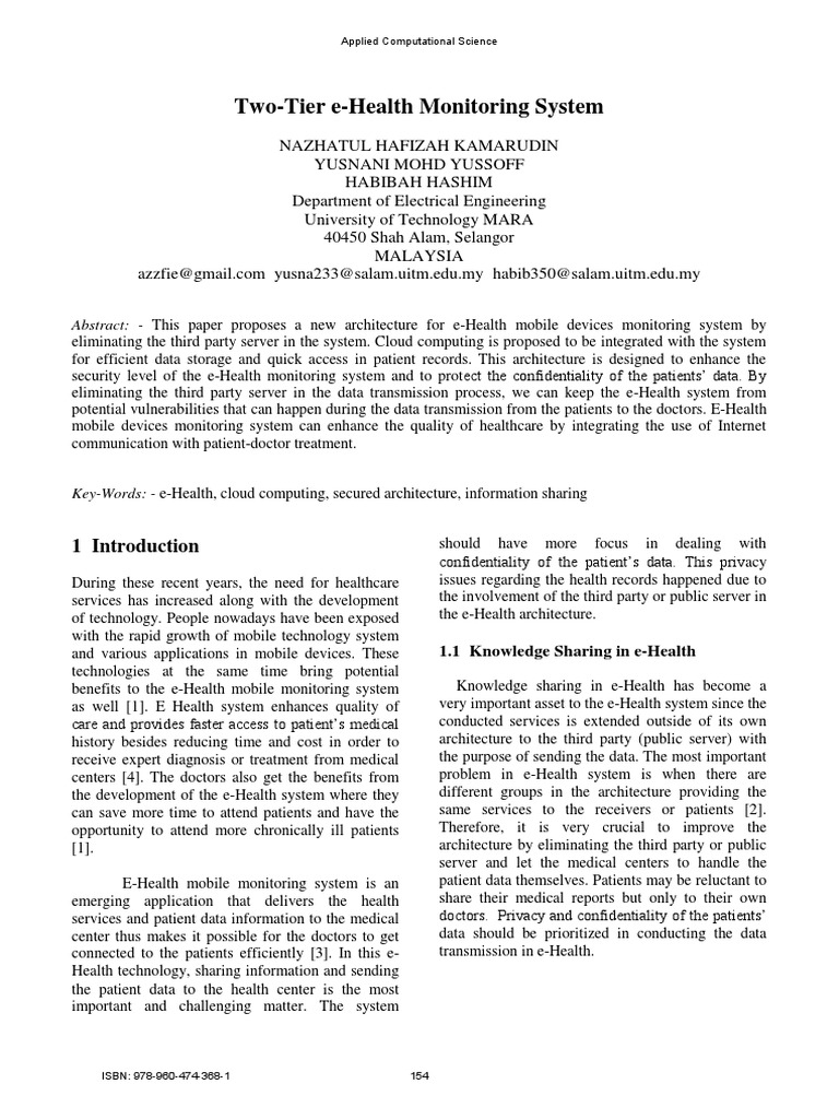 Two-Tier E-Health Monitoring System | PDF | Monitoring (Medicine ...