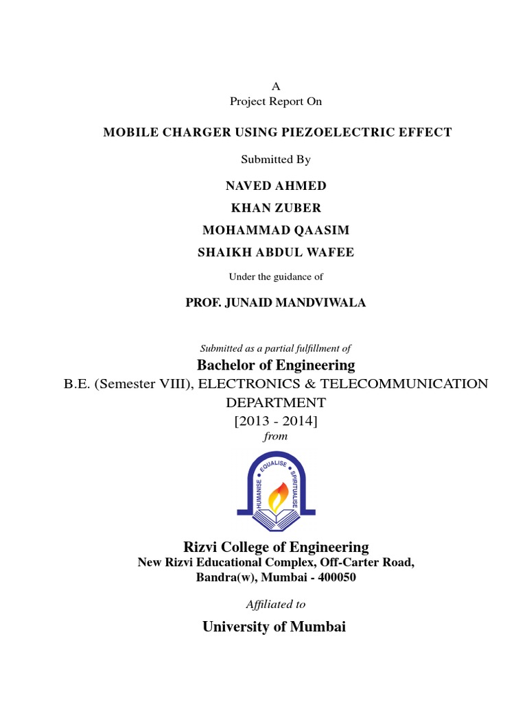 A Project Report On Mobile Charger Using | PDF | Energy Harvesting ...