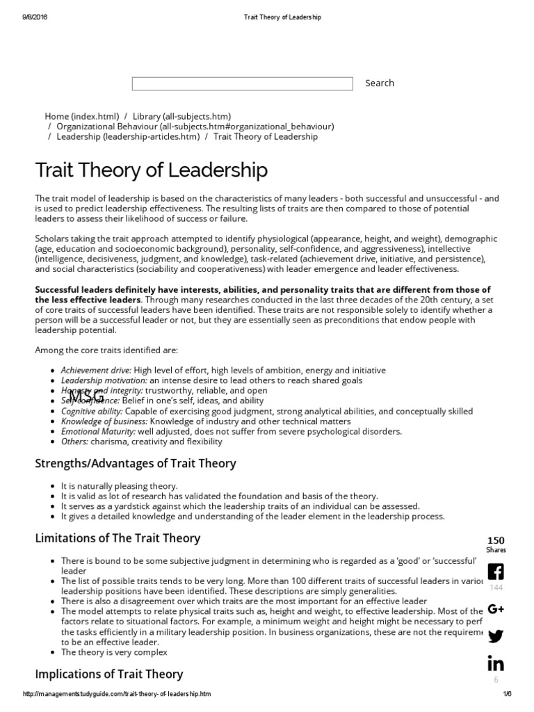 Trait Theory of Leadership | PDF | Leadership | Psychological Concepts