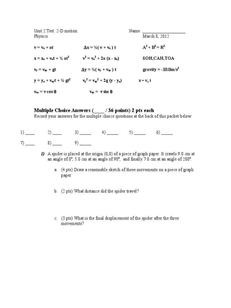 Practice Test 2 D Motion | PDF | Velocity | Acceleration