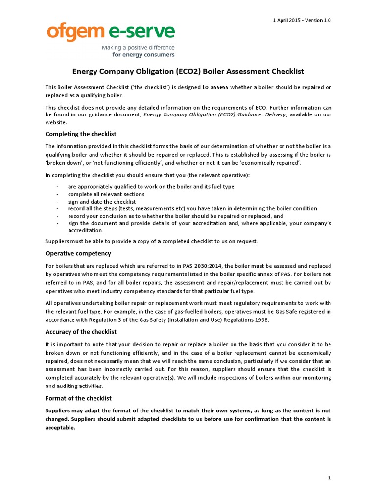 ECO2 Boiler Assessment Checklist Guide | PDF | Boiler | Water Heating