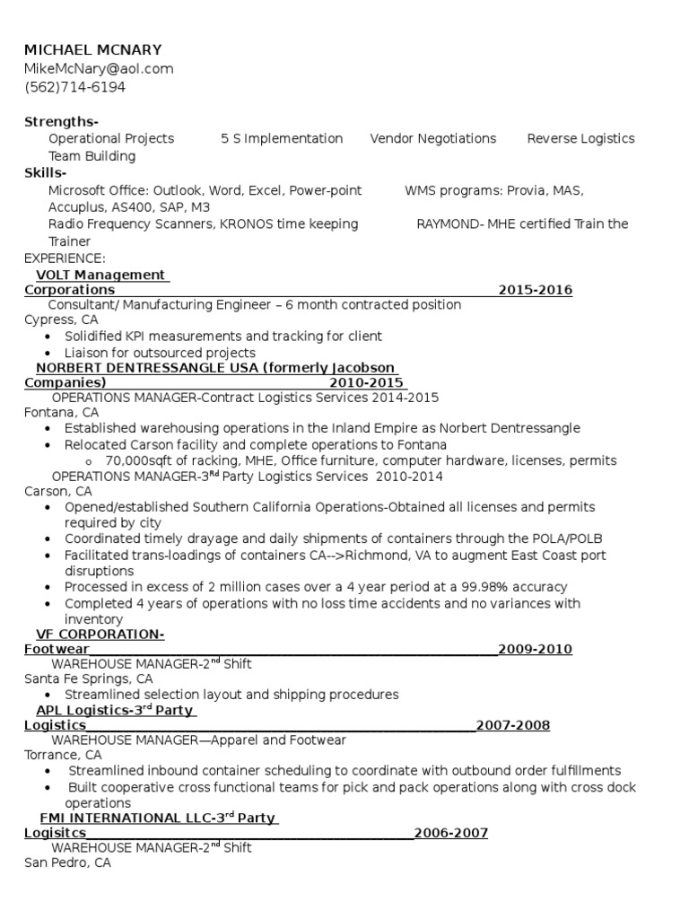 Distribution Operations 3PL Manager in Los Angeles CA Resume Michael ...