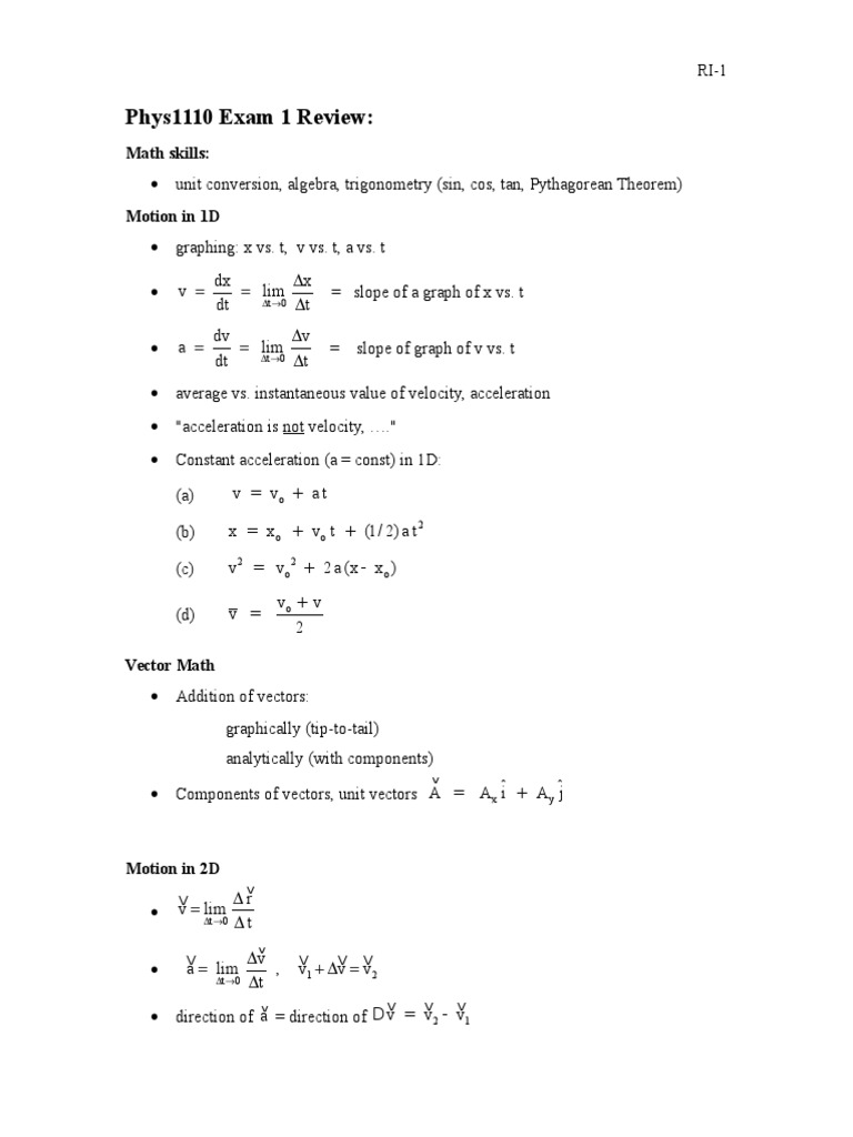 Exam 1 Review 1110 Vectors | PDF