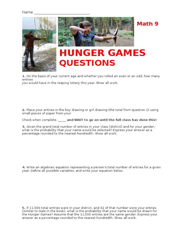 Hunger Games Math Probability Quiz | PDF | Equations | Probability
