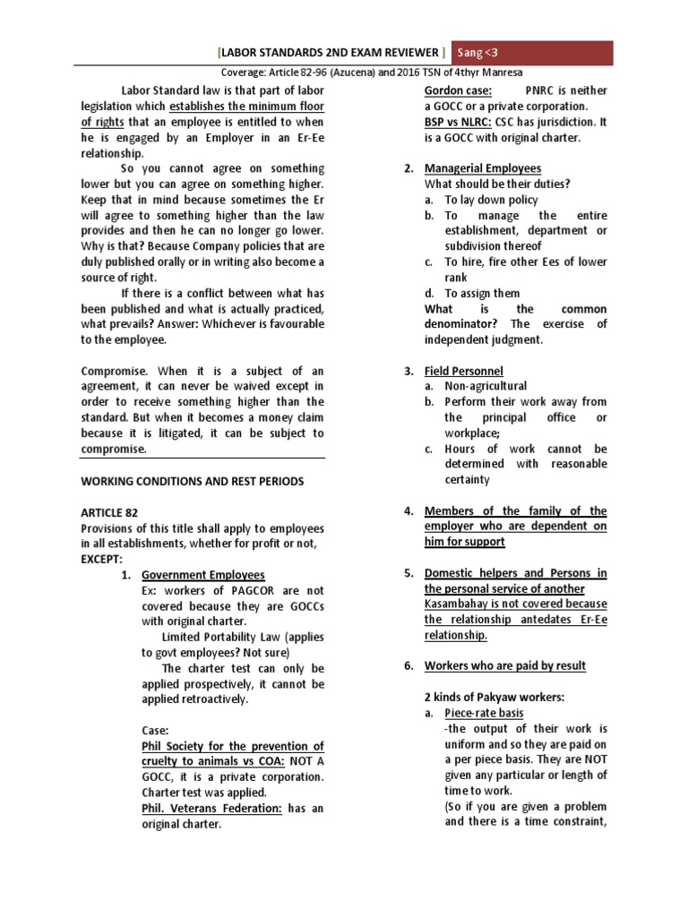 Labor Standards 2nd Exam Reviewer | PDF | Overtime | Independent Contractor