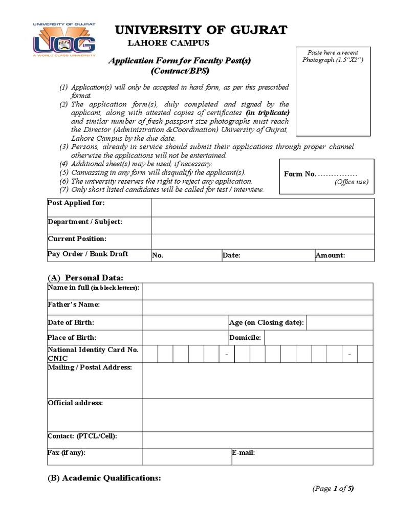 UoG Lahore Campus Faculty Application Form | PDF | Doctor Of Philosophy ...