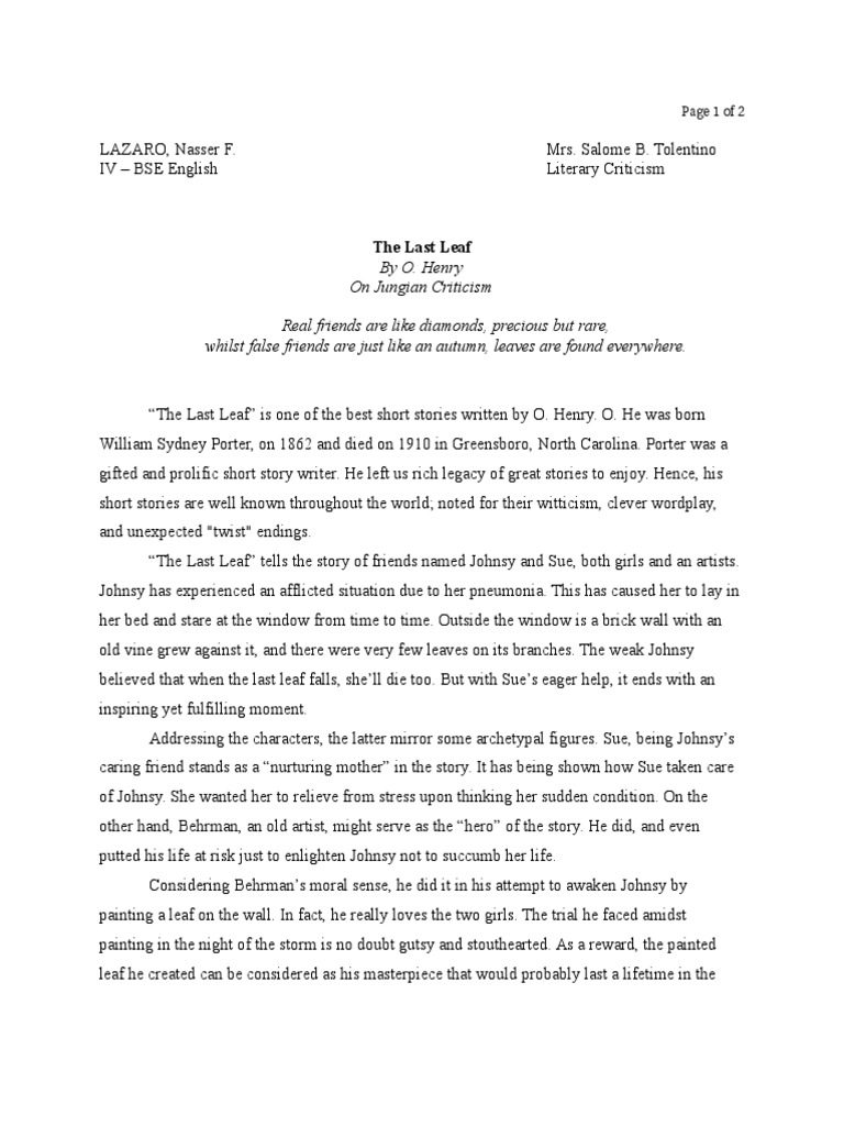 Jungian Analysis of "The Last Leaf" | PDF