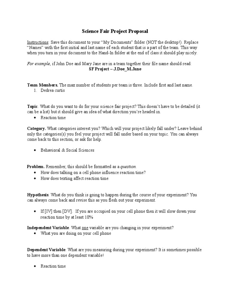 Science Fair Project Proposal: For Example, If John Doe and Mary Jane ...