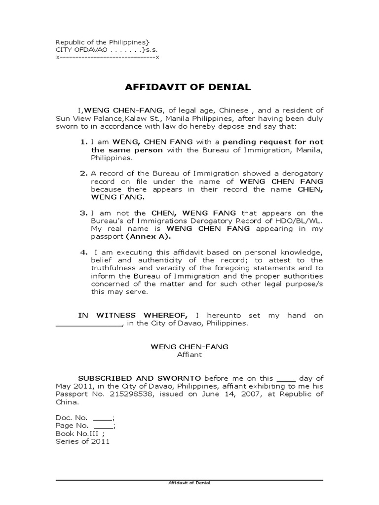 Affidavit of Denial | PDF | Affidavit | Civil Law (Common Law)