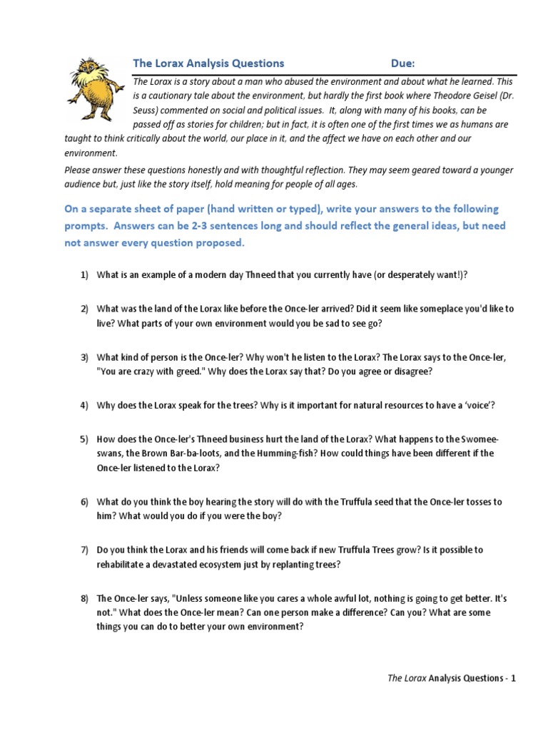 The Lorax Analysis and Discussion Questions | PDF | Rhinoceros | Value ...