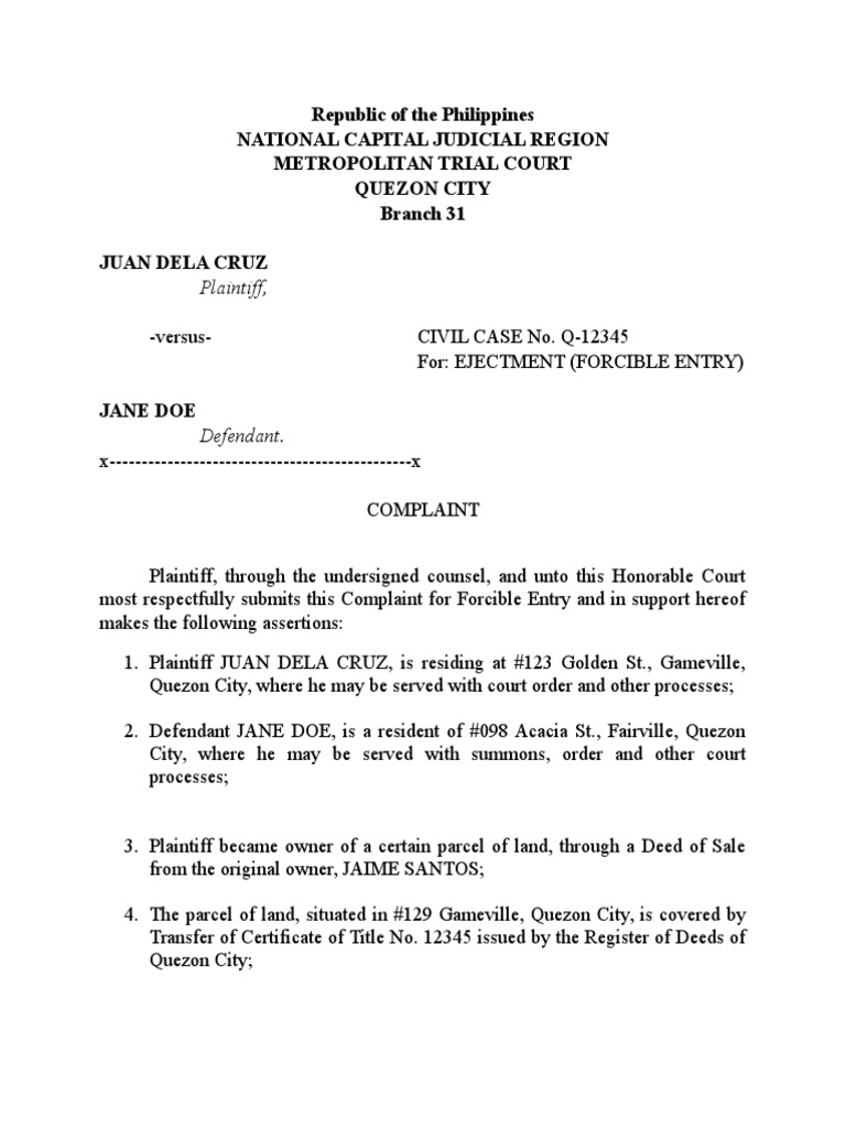 Complaint For Ejectment | PDF | Complaint | Lawsuit