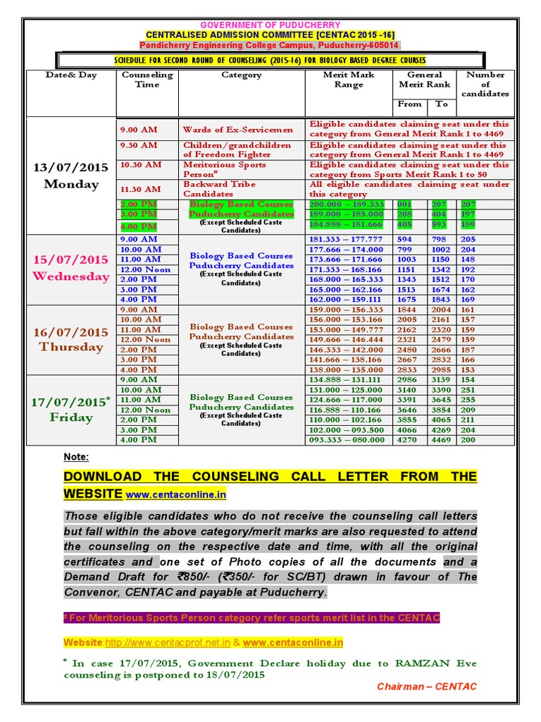 CENTAC 2015-16 Biology Counseling Schedule | PDF | Business | Technology & Engineering