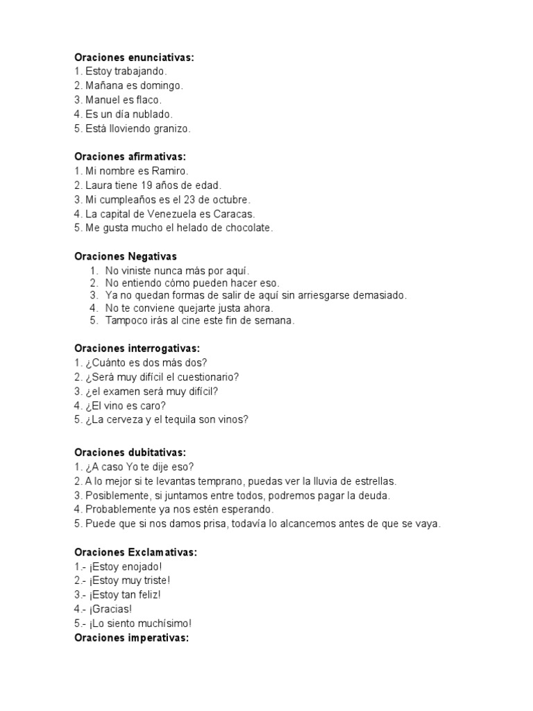 Tipos de oraciones: enunciativas, afirmativas, negativas ...