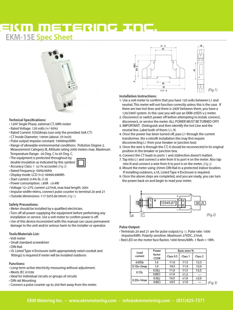 EKM Metering EKM-15E 120 Volt Meter Spec Sheet | PDF | Kilowatt Hour ...